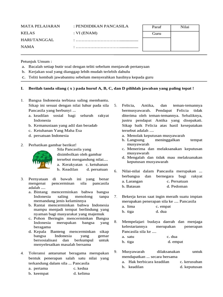 Soal Sas Ganjil Pendidikan Pancasila Kelas 6 2024 | PDF