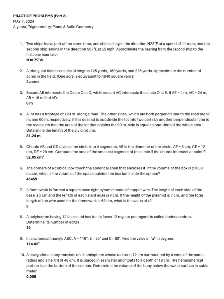 Advanced Math Practice Problems | PDF | Sphere | Area