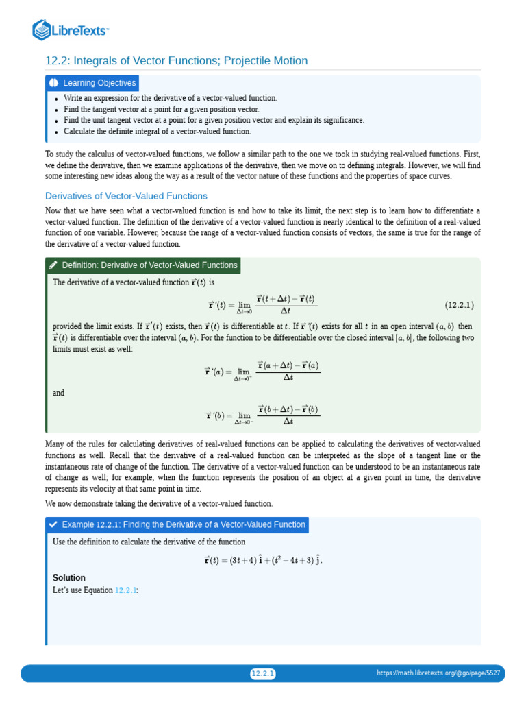 12.2__Integrals_of_Vector_Functions_Projectile_Motion | PDF | Derivative | Integral