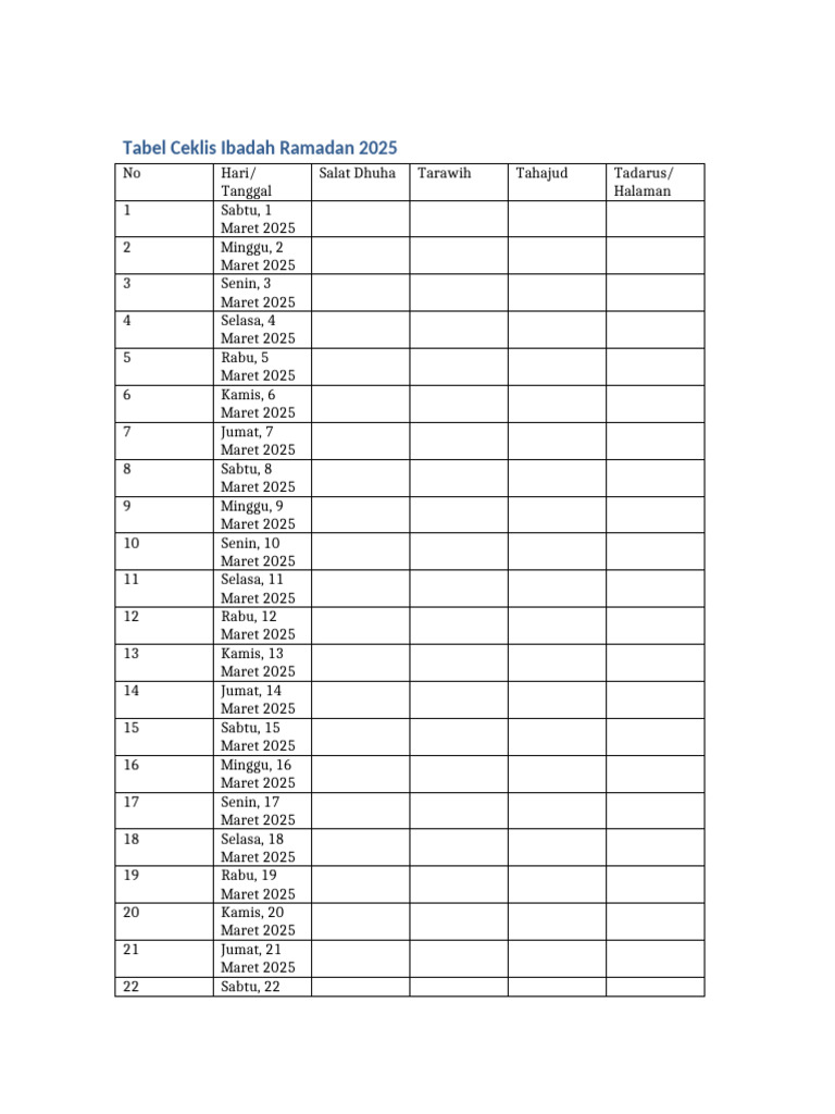 Tabel Ceklis Ibadah Ramadan 2025 | PDF