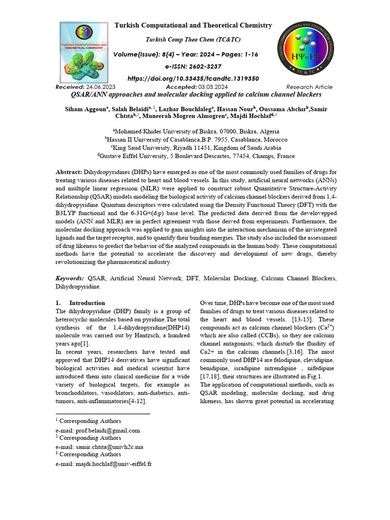 QSAR/ANN Approaches and Molecular Docking Applied To Calcium Channel ...