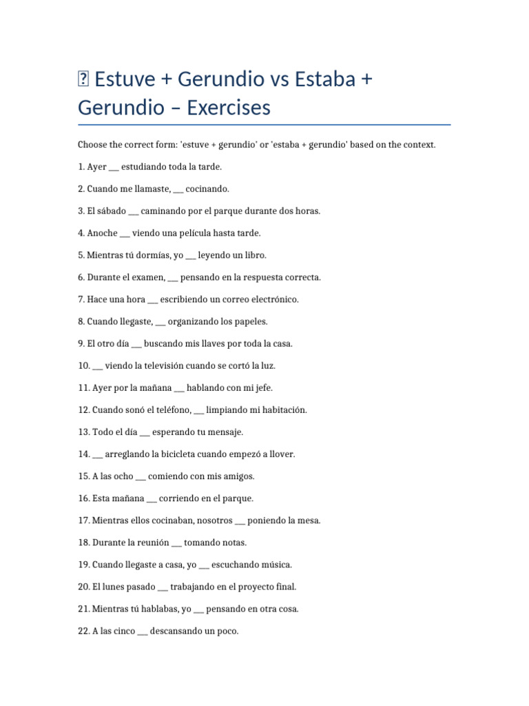 Estuve_vs_Estaba_Gerundio_Exercises | PDF