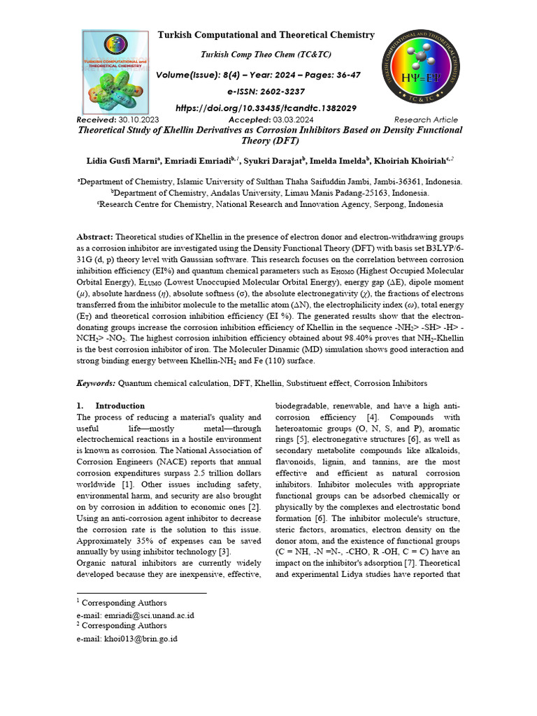Theoretical Study of Khellin Derivatives As Corrosion Inhibitors Based ...