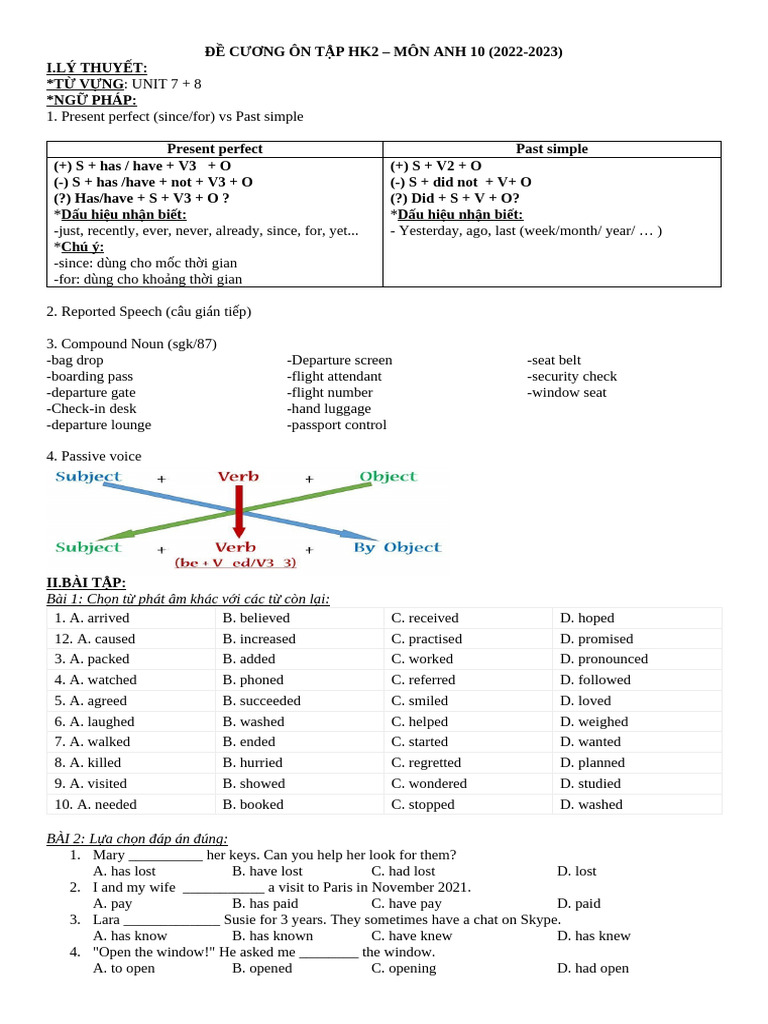 ĐỀ CƯƠNG HK2-ANH 10. | PDF