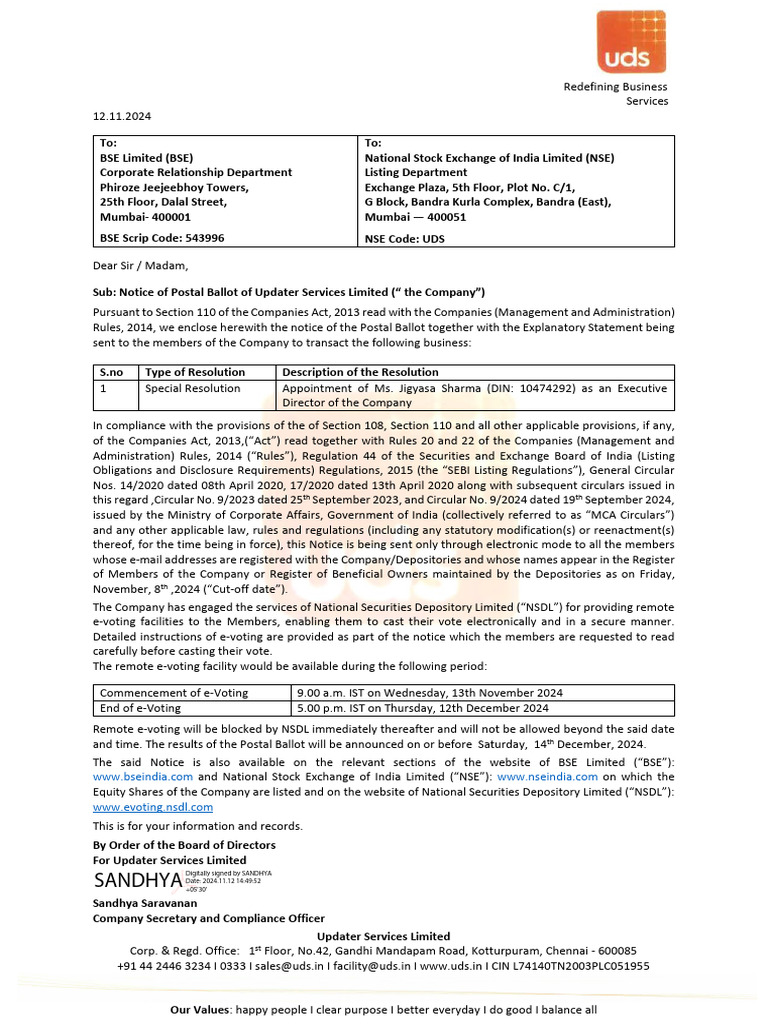 UPDATER SERVICES LIMITED : Postal Ballot Notice | PDF | Login | Electronic Voting