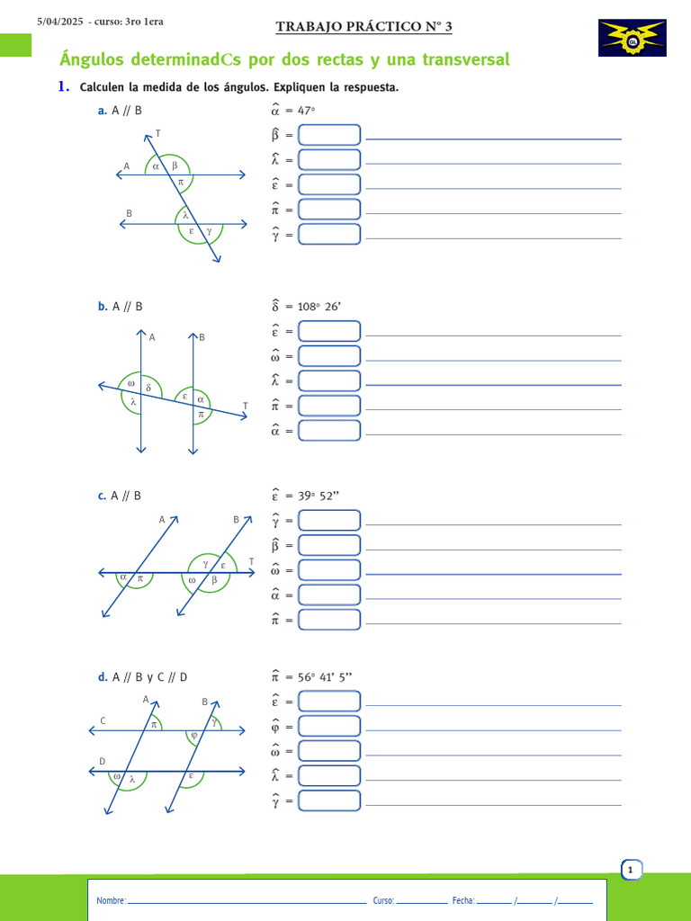 TP Angulos Entre Dos Rectas y Una Transversal | PDF | Geometría ...