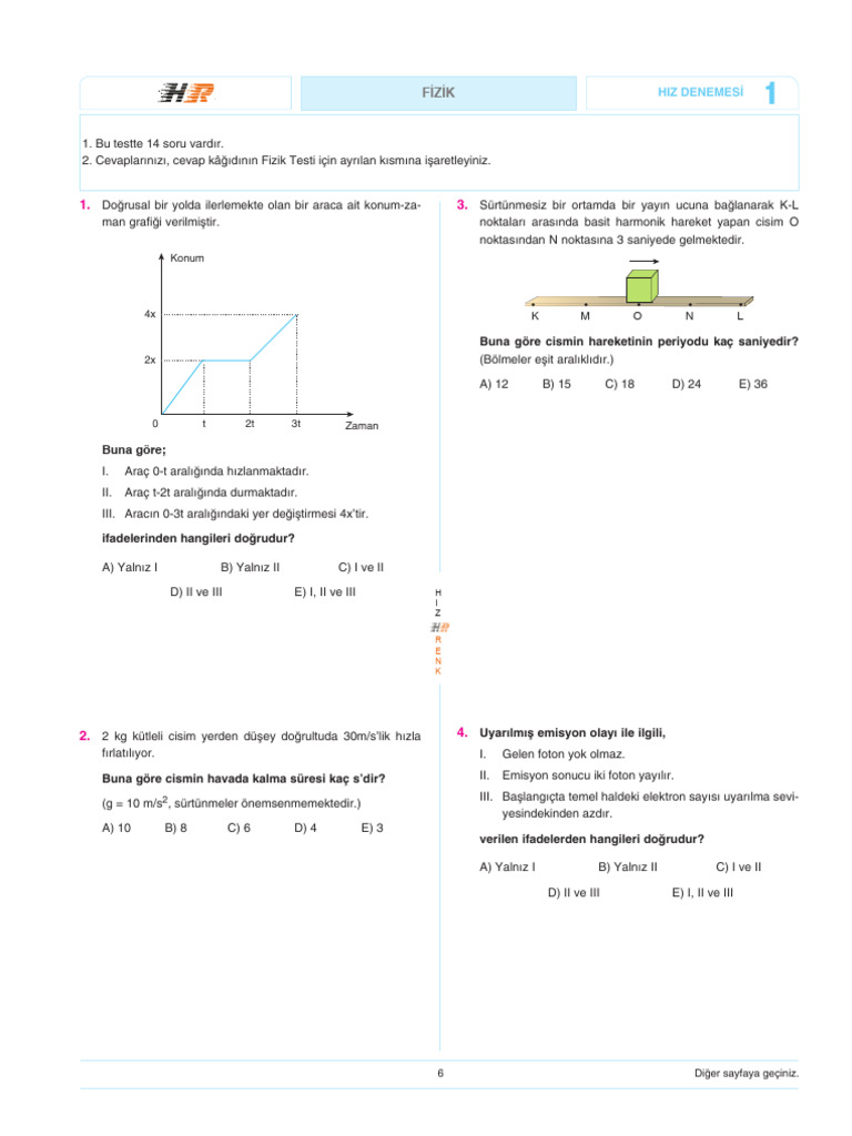 AYT FİZİK 24X14 DENEME - HIZ VE RENK - Ornek - Removed | PDF