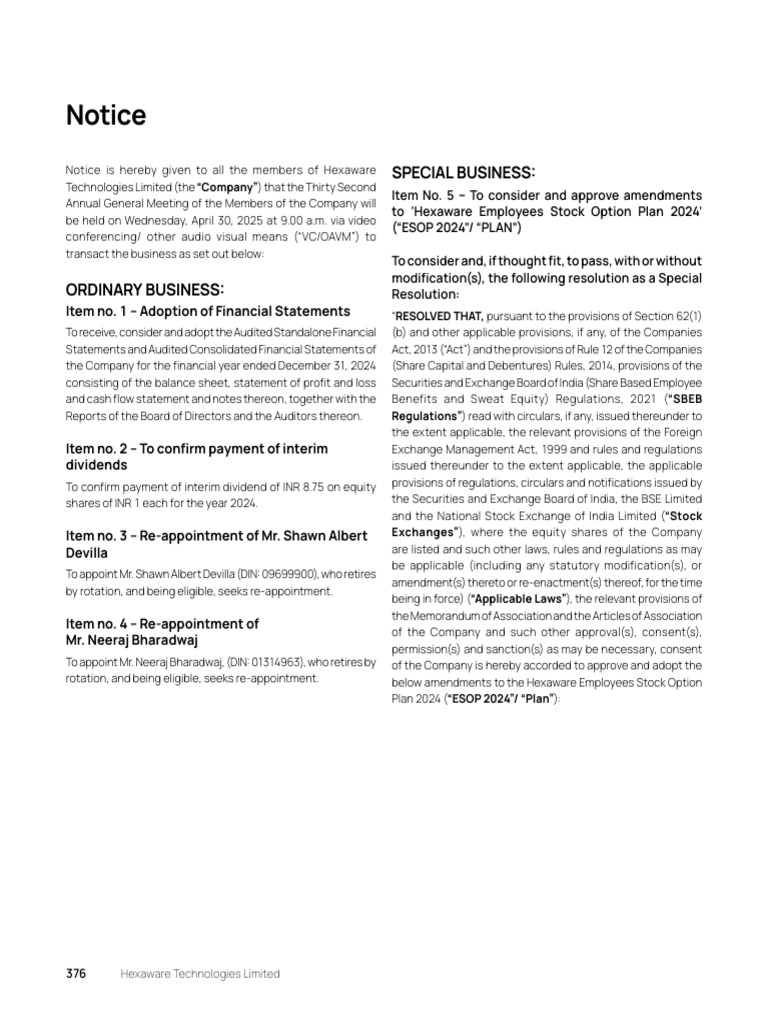 Hexaware AGM Notice 2024 | PDF | Board Of Directors | Mergers And ...
