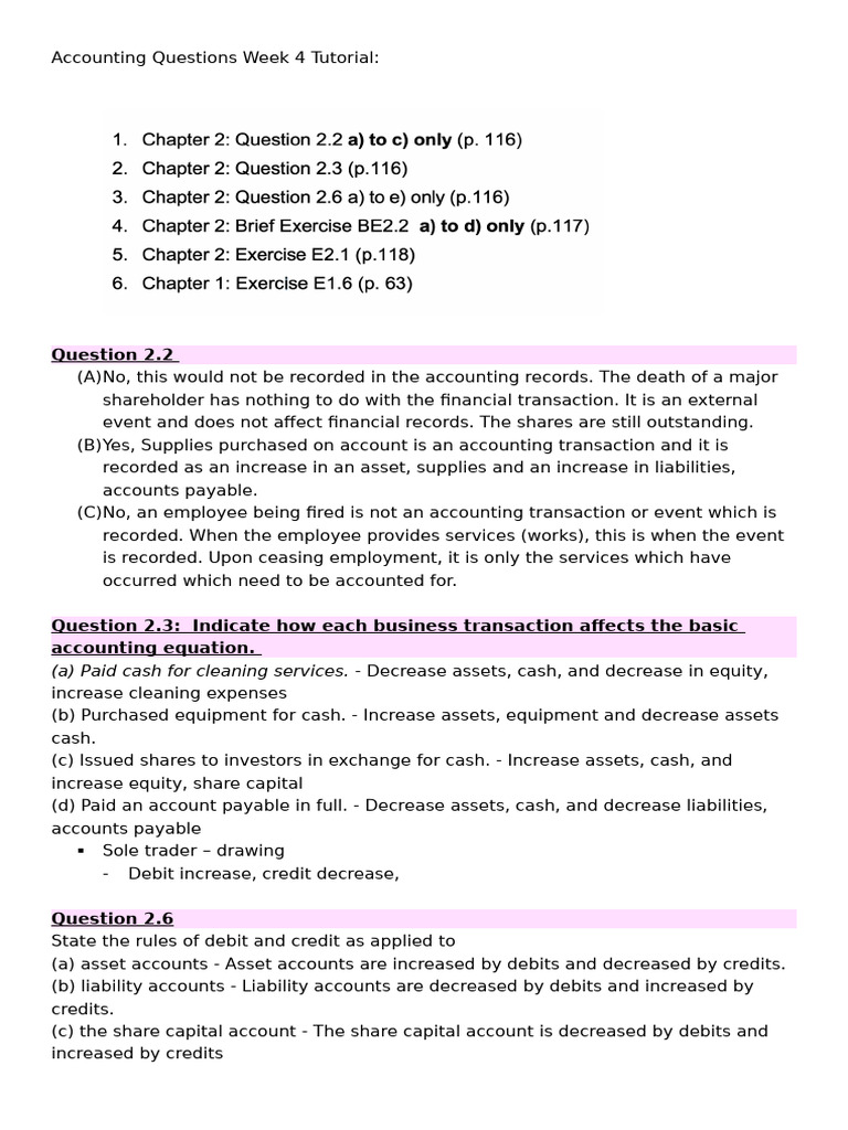 Accounting Questions Week 4 Tutorial | PDF | Debits And Credits ...