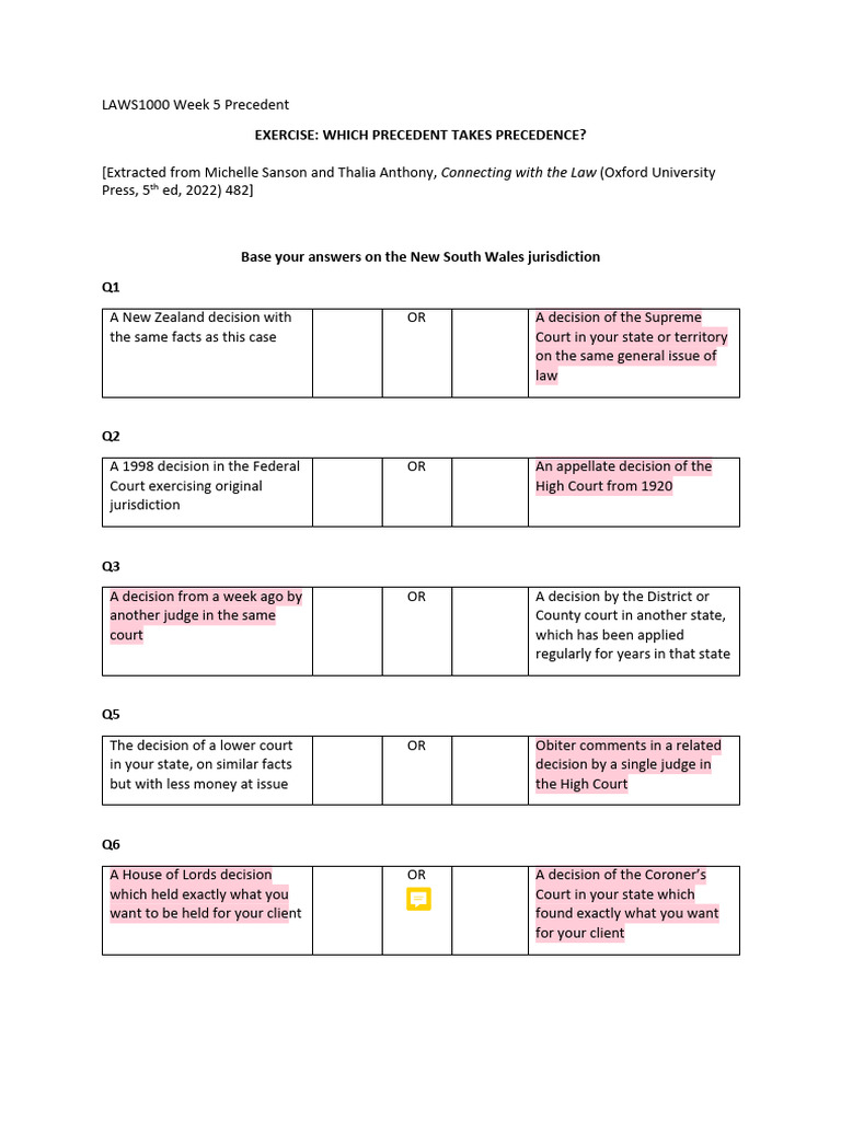 Week 5 - Exercise 1 - Which Precedent | PDF