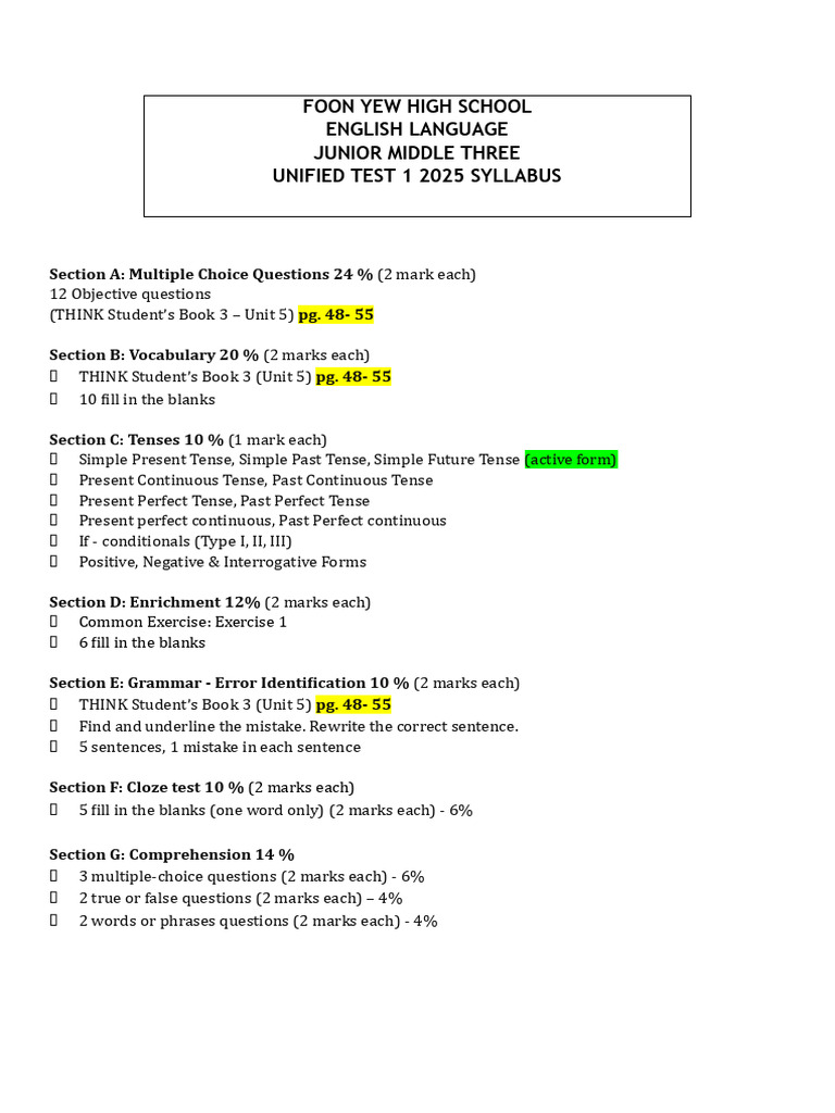 Unified Test 1 Syllabus JM3 2025 | PDF