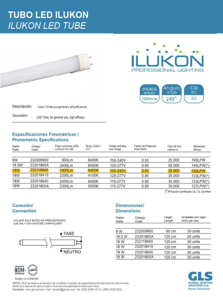 Ficha Tecnica Gls - Serie Tubo Led Ilukon | PDF | Encendiendo | Ligero
