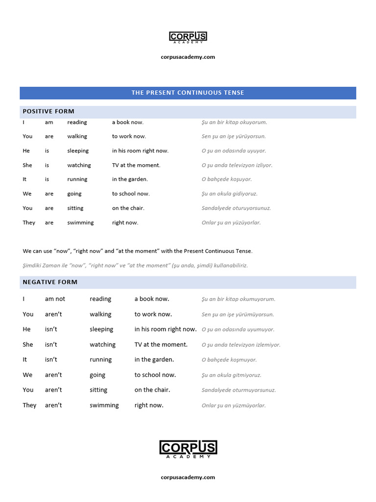 The Present Continuous Tense (Turkish Translation) | PDF