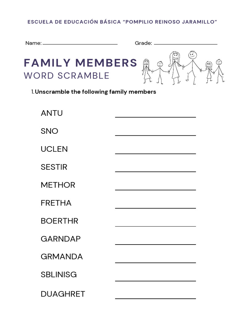 Family Members Word Scramble Worksheet in Colorful Simple Style | PDF