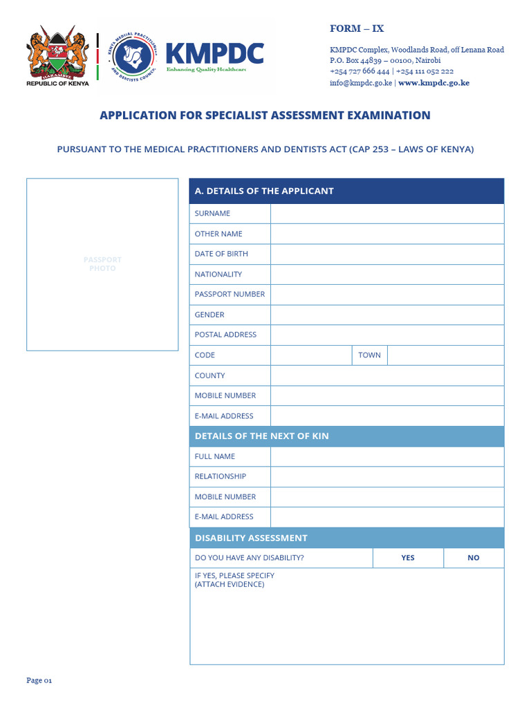 KMPDC Application For Specialist Assessment Examination FORM IX 2024 | PDF