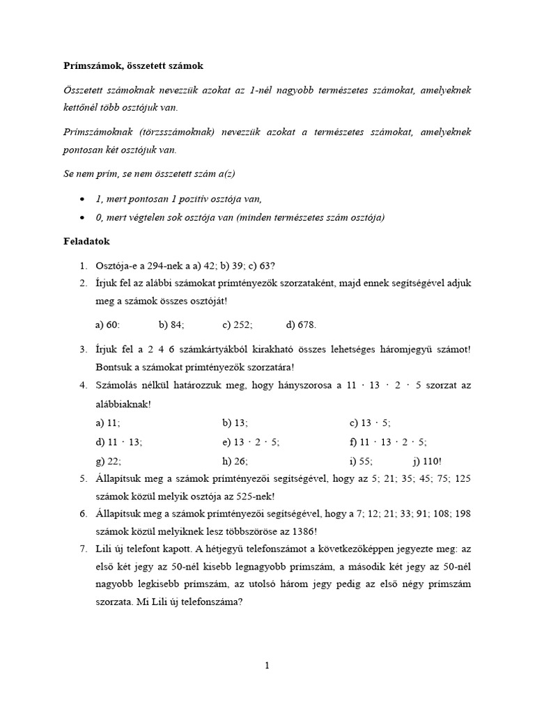 6.osztály Prímszámok | PDF