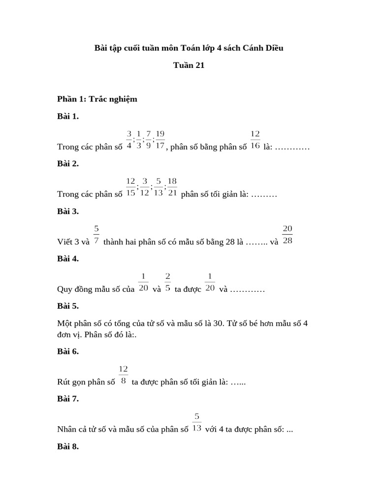 Bai Tap Cuoi Tuan Toan Lop 4 Canh Dieu Tuan 21 58334 | PDF