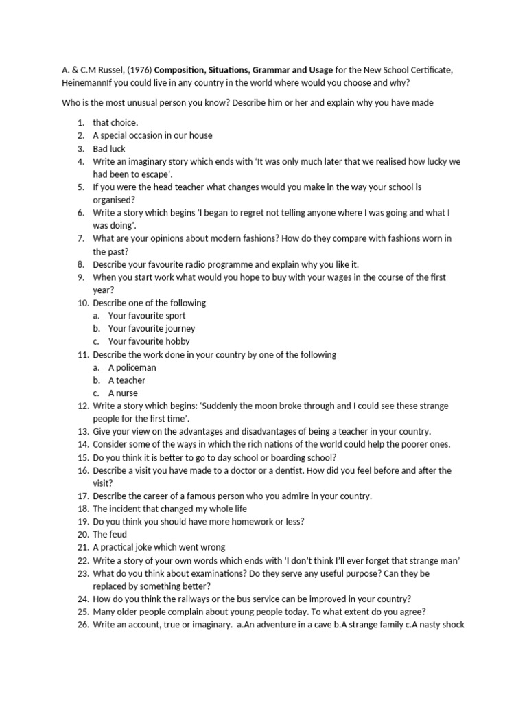 Composition Topics for Class 7 Essays | PDF