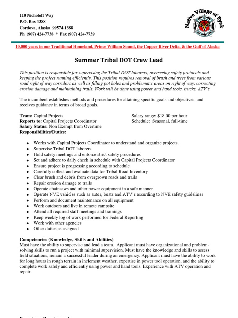 NVE Summer Tribal DOT Crew Lead | PDF | Trail | Competence (Human ...