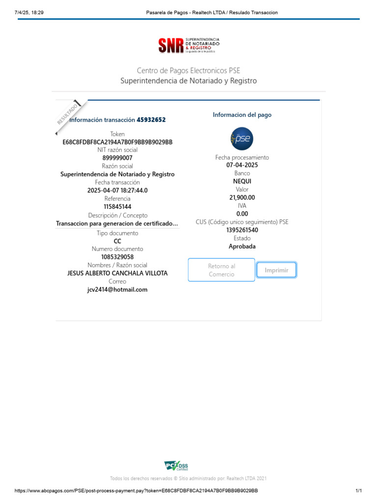 Pasarela de Pagos - Realtech LTDA - Resulado Transaccion | PDF