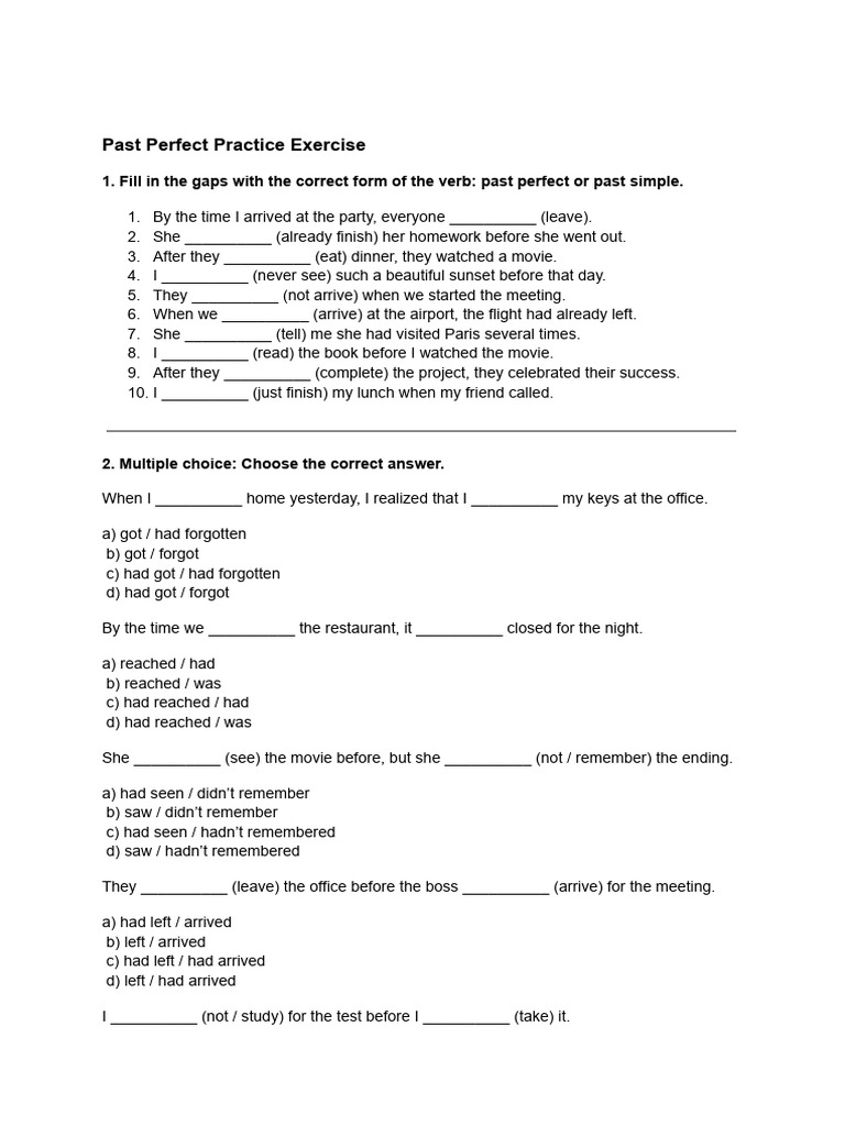 Past Perfect Practice Exercise | PDF