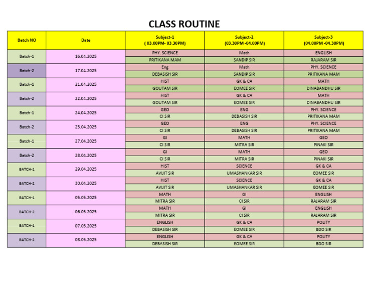 Class Routine for 2025 Batches | PDF