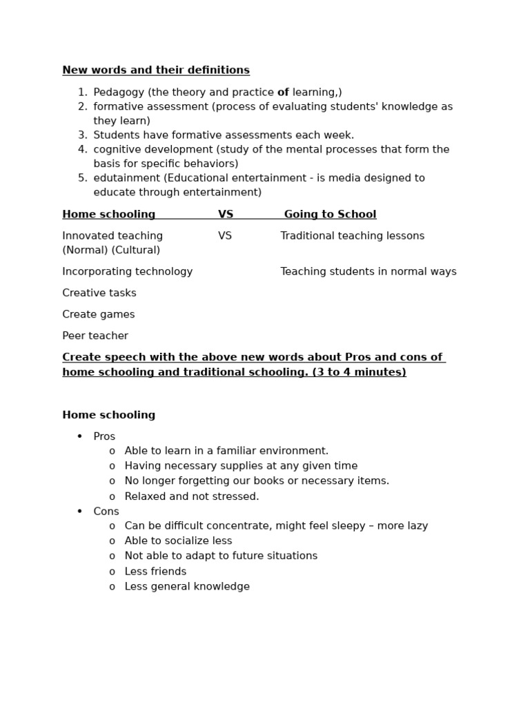 Home vs. Traditional Schooling Pros and Cons | PDF