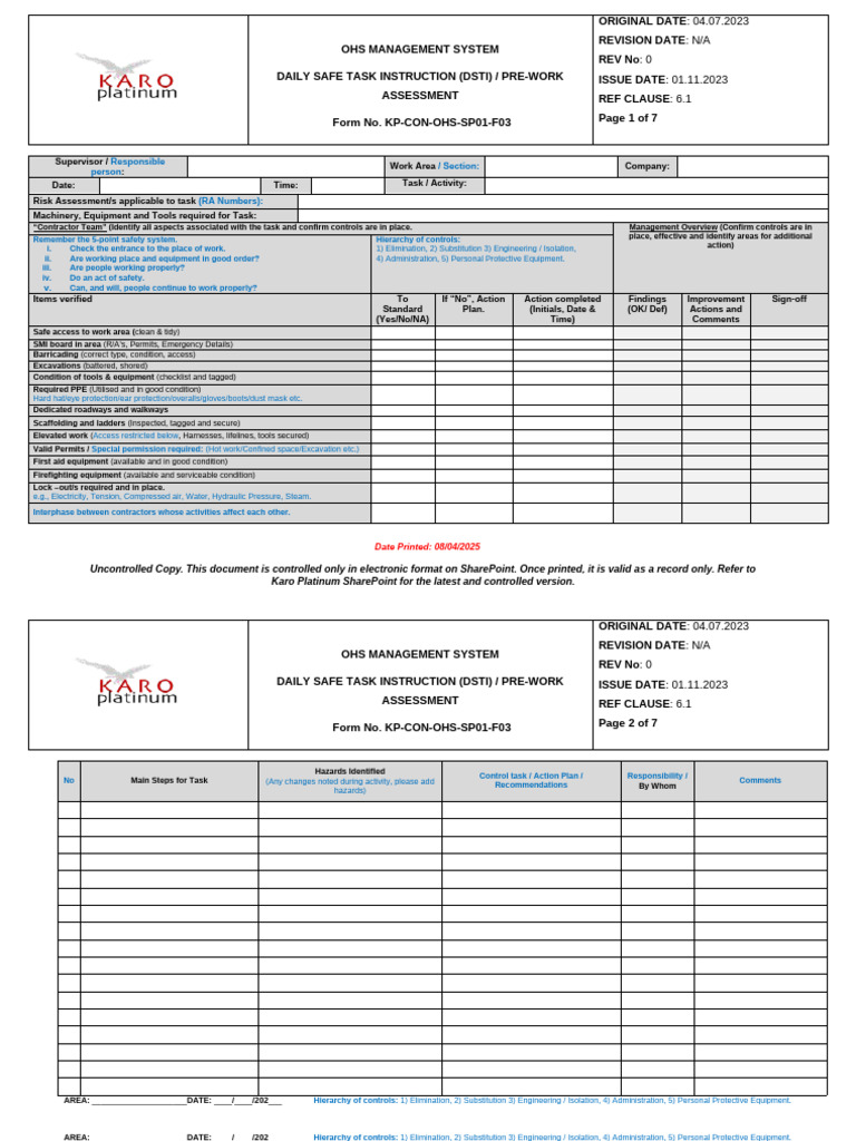 Daily Safety Task Instruction (DSTI) Guide | PDF | Personal Protective ...