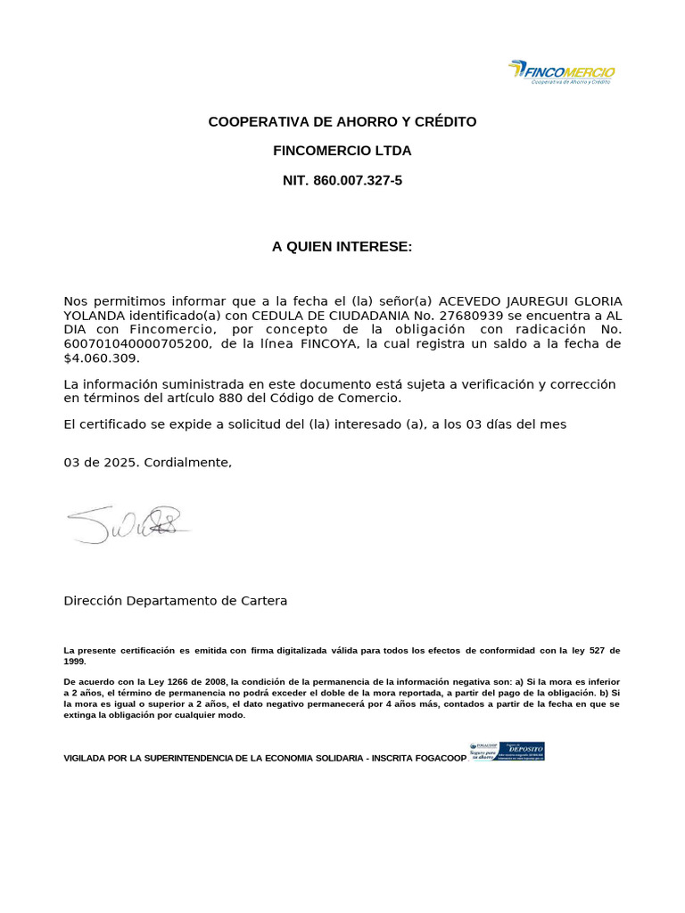 Certificado Fincomercio | PDF