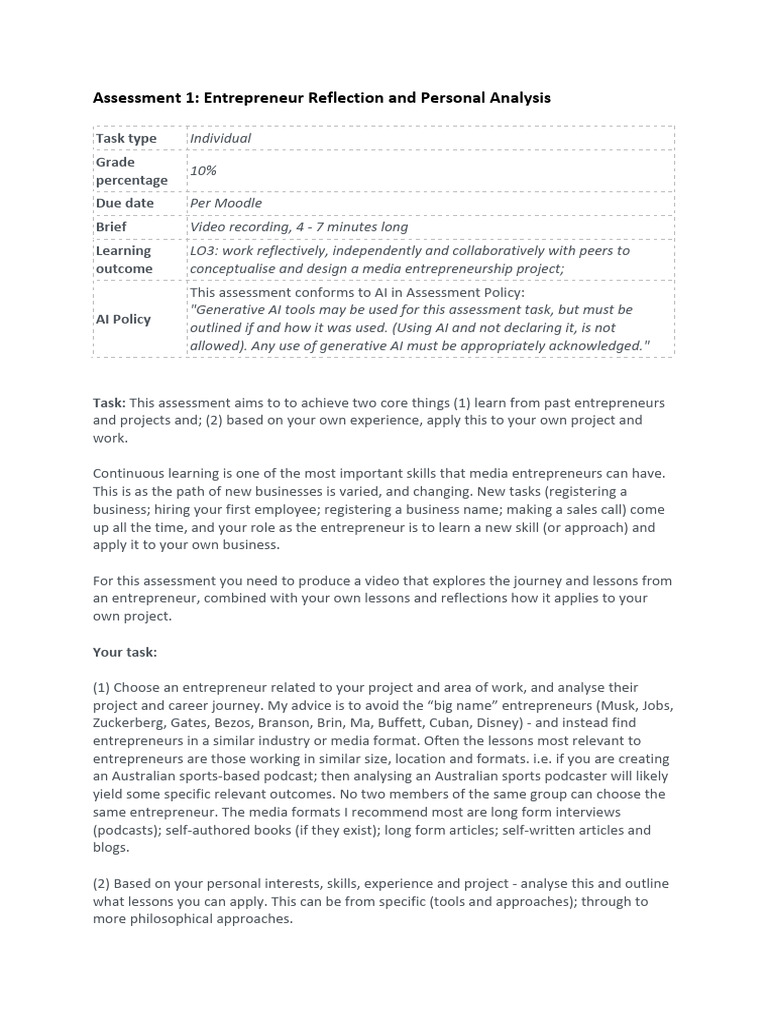Assessment 1 - Entrepreneur Reflection and Personal Analysis (2025 ...