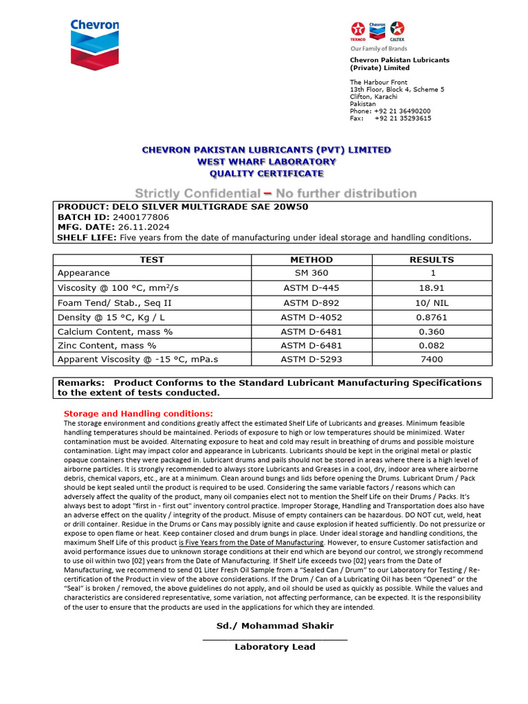 Chevron Pakistan Lubricants Quality Certificate | PDF | Shelf Life ...