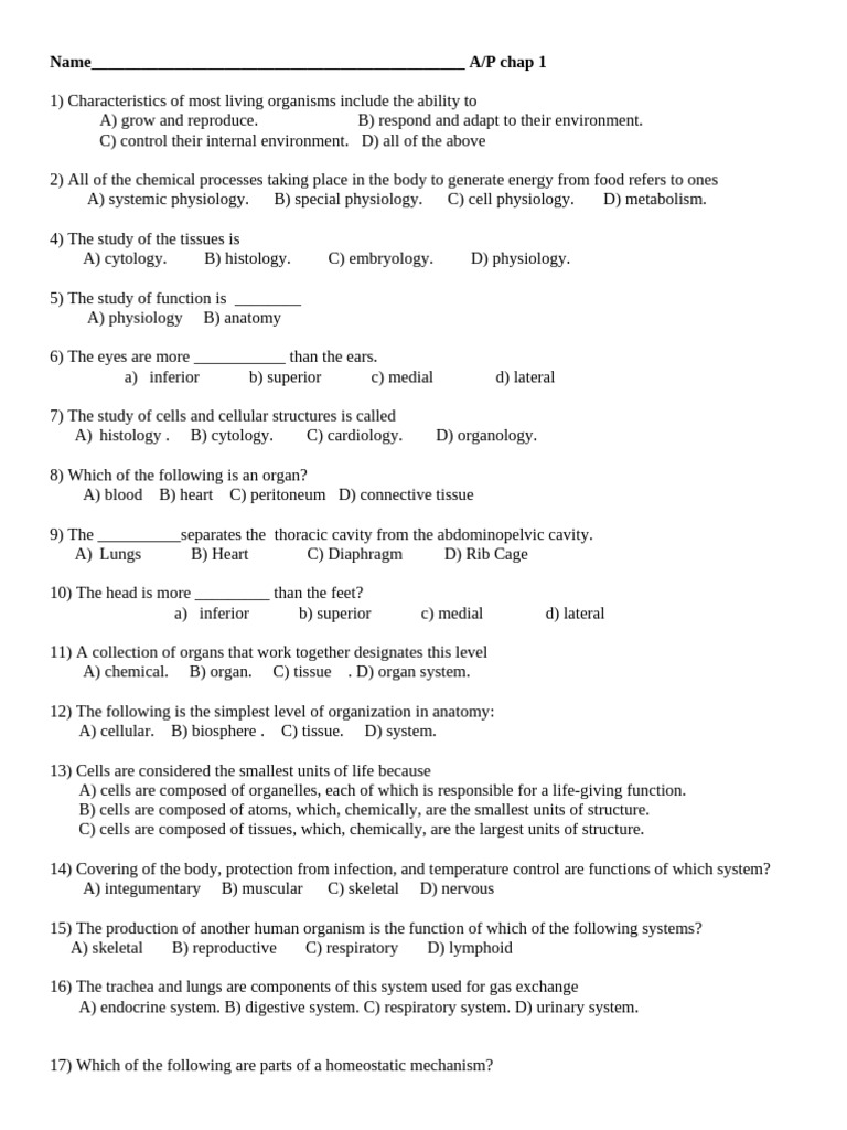 Chap 1 Test | PDF | Anatomy | Cell Biology