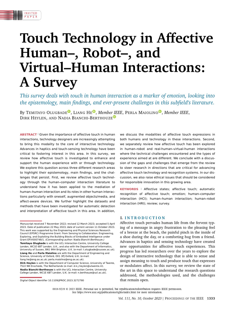 Olugbade_2023_Touch Technology in Affective Human–, Robot–, and Virtual–Human Interactions | PDF ...