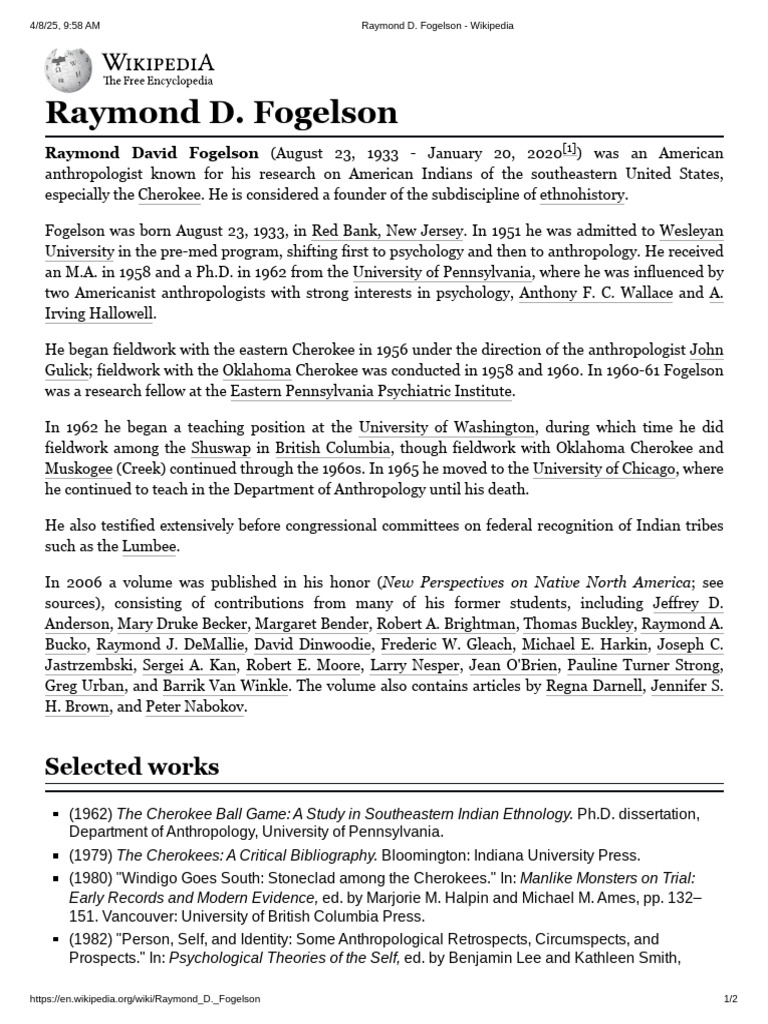 Raymond D. Fogelson: Ethnohistorian | PDF | American Academics