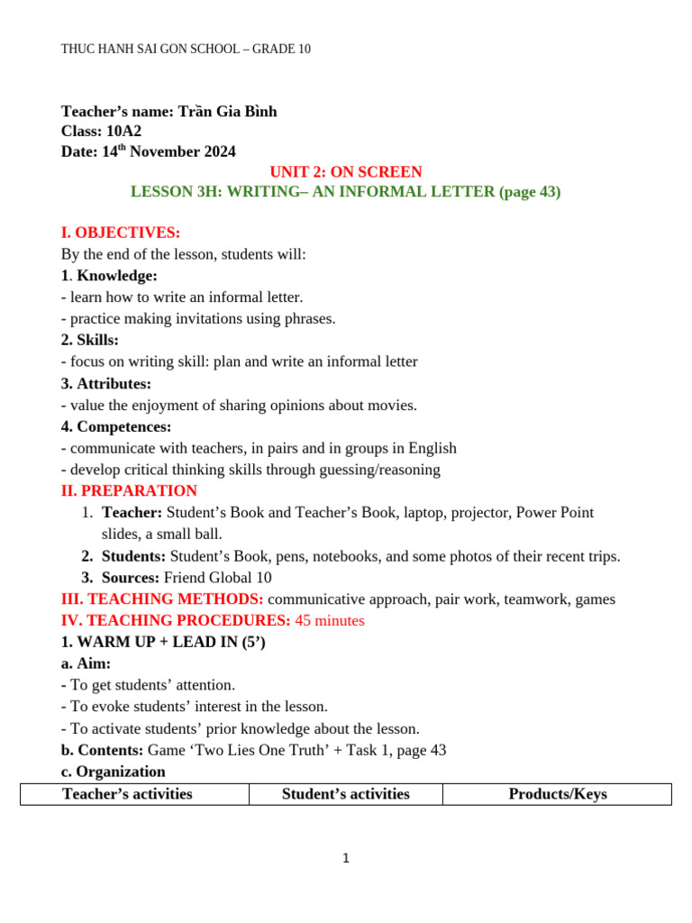 Writing Informal Letters for Grade 10 | PDF | Vocabulary | Teachers