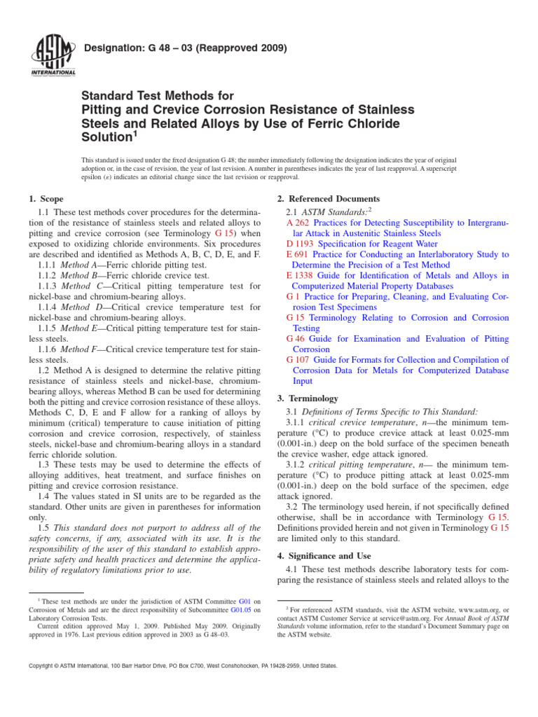 ASTM_G48_2003_REAP.01.2009 | PDF | Corrosion | Stainless Steel