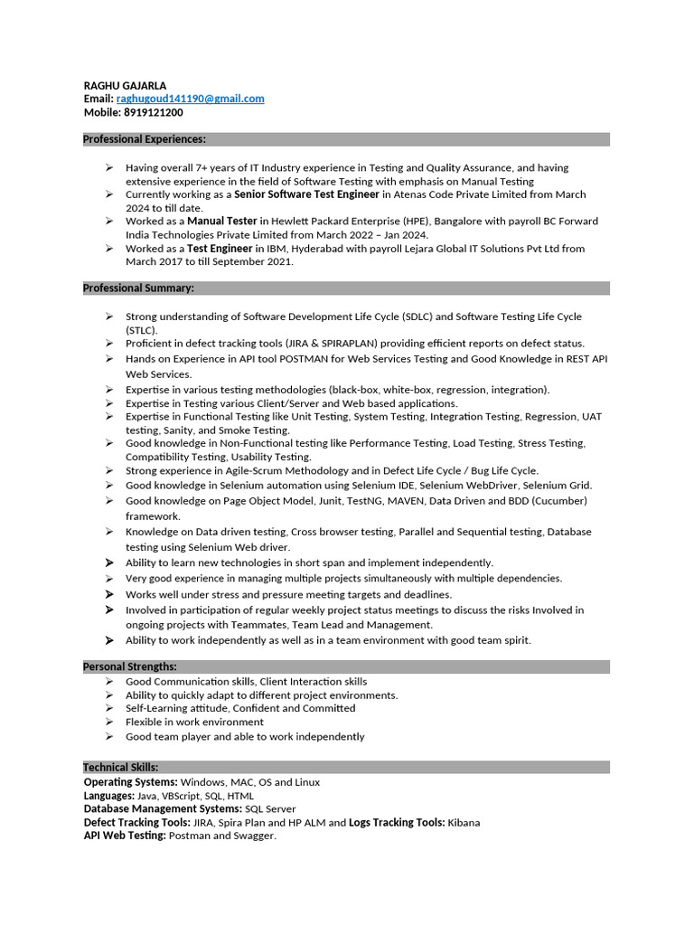 Senior Software Test Engineer Profile | PDF | Software Testing ...