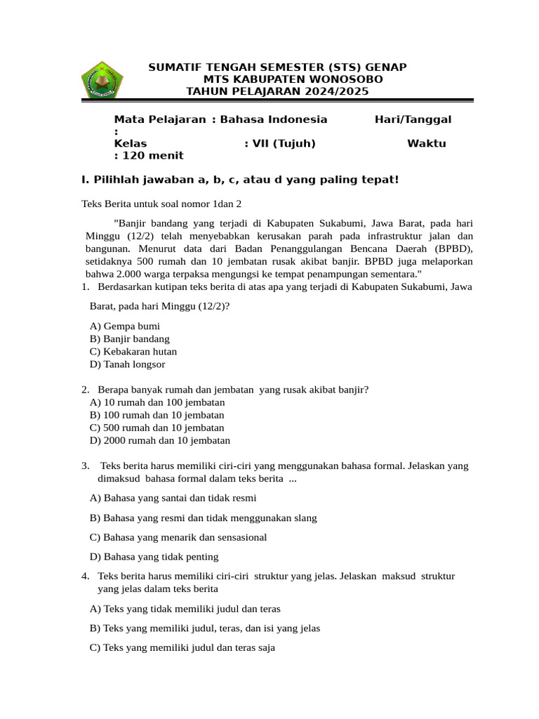 SOAL STS KELAS 7 2024-2025 Semester Genap | PDF