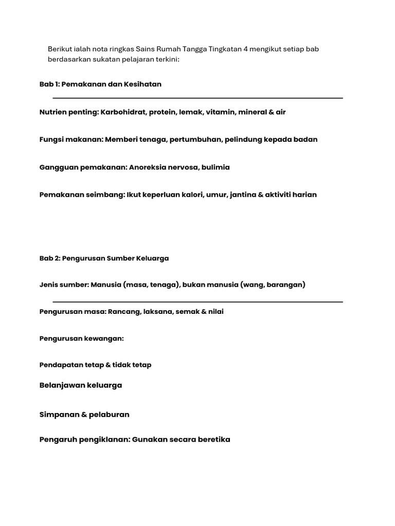 Nota Ringkas Sains Rumah Tangga Tingkatan 4 | PDF
