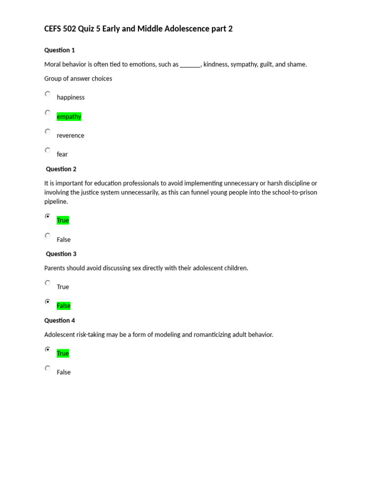 CEFS 502 Quiz 5 Early and Middle Adolescence Past 2 | PDF | Adolescence ...