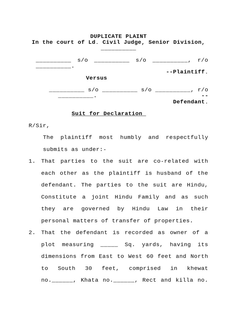 Suit For Declaration Family Property | PDF | Lawsuit | Separation Of Powers