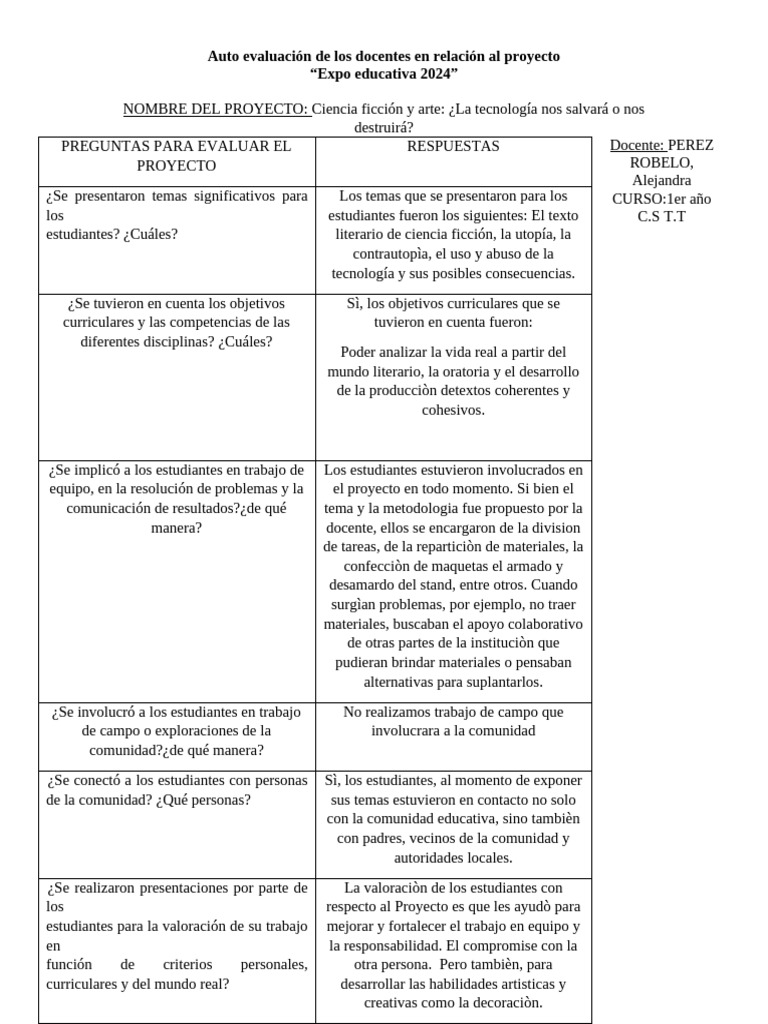 Autoevaluación del Proyecto Expo Educativa 2024 | PDF
