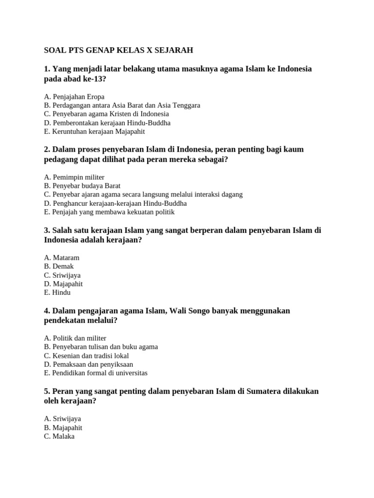 SOAL PTS GENAP KELAS X SEJARAH | PDF