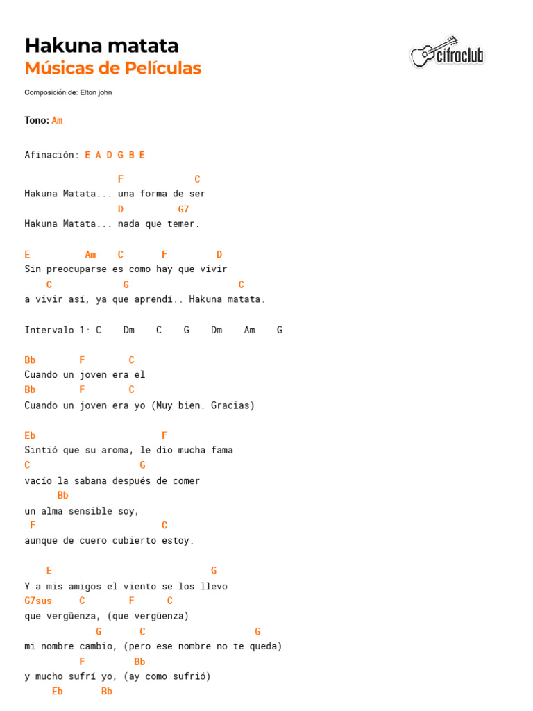 Cifra Club - Músicas de Películas - Hakuna matata | PDF