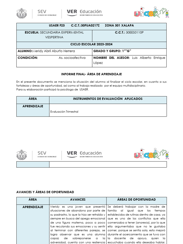 Informe de Aprendizaje Meridy Abril | PDF | Aprendizaje | Conceptos ...