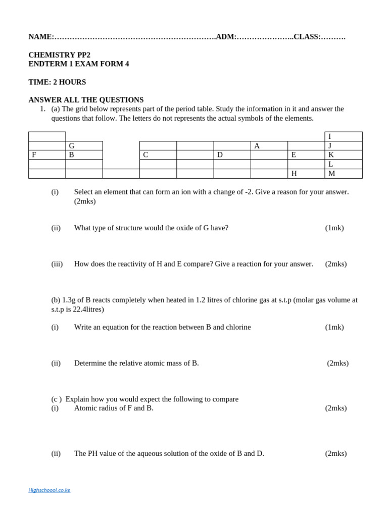 Endterm 1 Exam Chem Pp2 Form 4 QN | PDF | Chemical Reactions | Mole (Unit)
