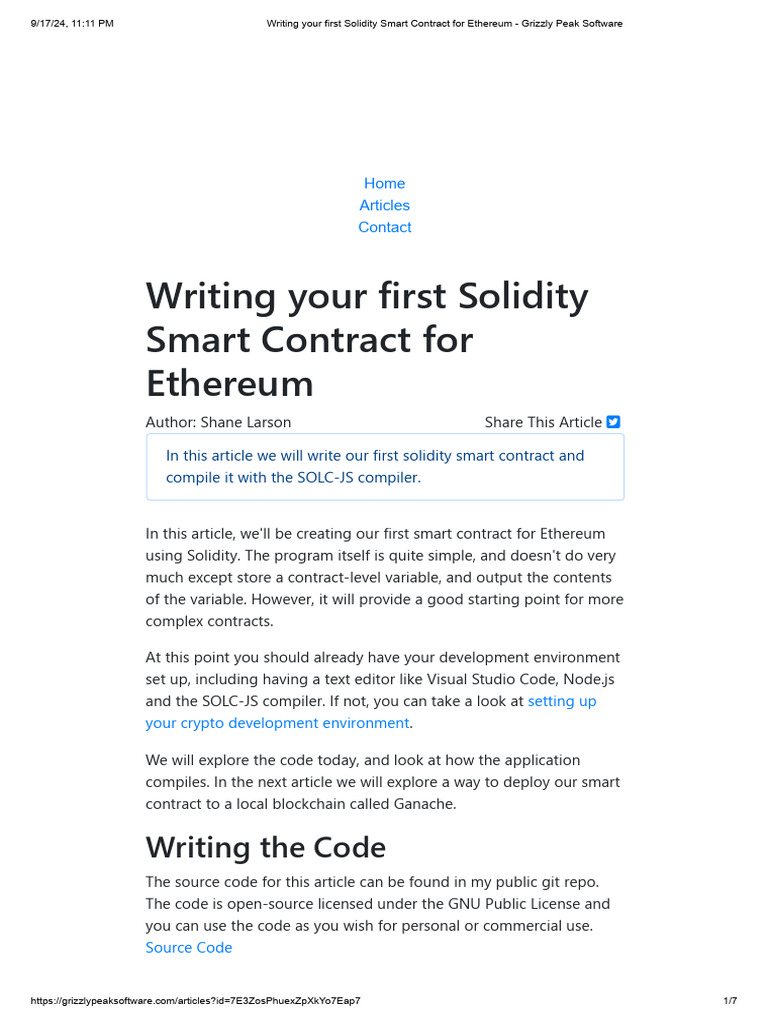 Writing Your First Solidity Smart Contract For Ethereum - Grizzly Peak Software | PDF ...