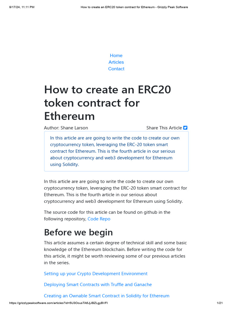 How To Create An ERC20 Token Contract For Ethereum - Grizzly Peak Software | PDF ...