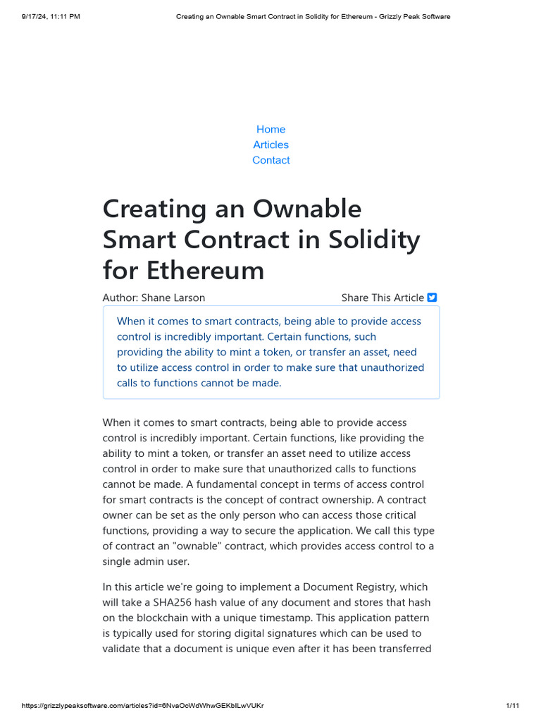 Creating An Ownable Smart Contract in Solidity For Ethereum - Grizzly Peak Software | PDF ...