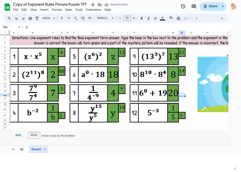 Exponent Rules Picture Puzzle TPT - Google Sheets | PDF